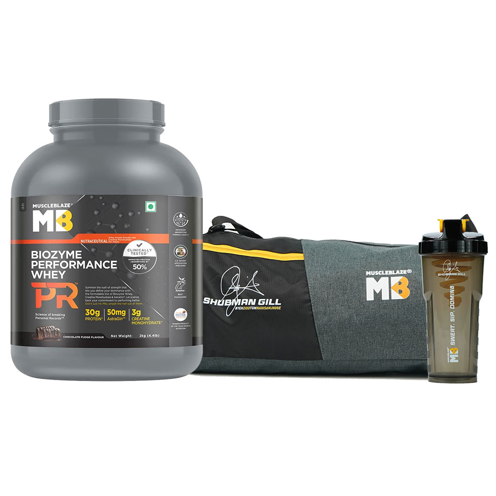 MuscleBlaze Biozyme Performance Whey PR 2 kg Chocolate Fudge & Gym Bag ...
